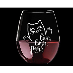 Cat Lovers Engraved Live Love Purr Stemless Wine Glass Kitchen Decor Cat Lady Accessories Birthday Mothers Day Fathers Gifts for Women Men