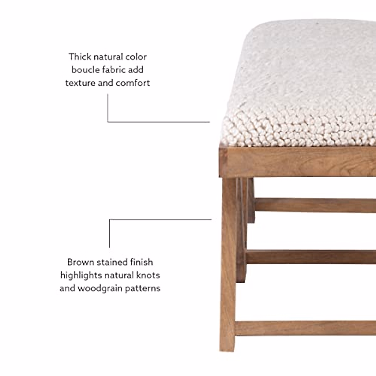 Powell Stained Mango Wood Boho White Berber Boucle Top Halco Bench, 19" Seat Height, Natural