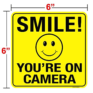 6 Pack Smile You're On Camera Sign, 6" x 6" Video Surveillance Signs, Self Adhesive Vinyl Decal UV Protected & Weatherproof Home Security Stickers, Indoor and Outdoor Use Yellow, Black