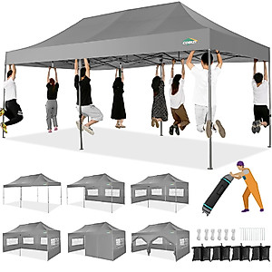 COBIZI 10x20 Heavy Duty Pop up Canopy Tent with 6 sidewalls Easy Up Commercial Outdoor Canopy Wedding Party Tents for Parties All Season Wind & Waterproof Gazebo with Roller Bag,Grey(Frame Thickened)