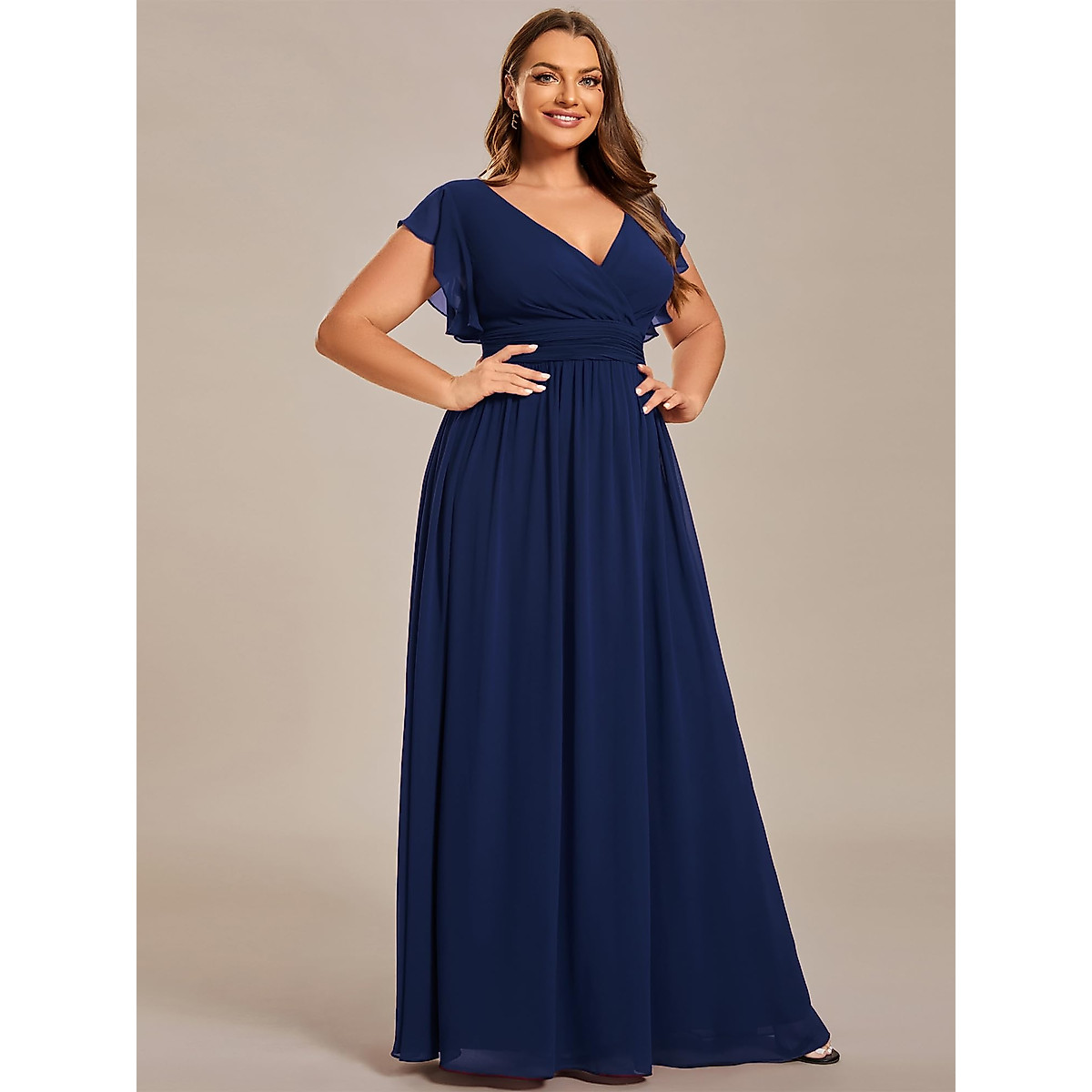 Ever-Pretty Women's Ruched V Neck A-Line Ruffles Sleeves Summer Maxi Plus Size Cocktail Dress Navy Blue US16