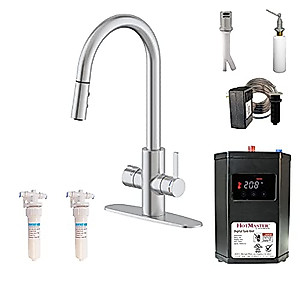 HotMaster 4 in 1 Kitchen Faucet Kit with DigiHot Instant Hot Water Tank, Filter System, Air Gap, Sink Mount Soap Dispenser and Dual Outlet Raised Button Air Switch