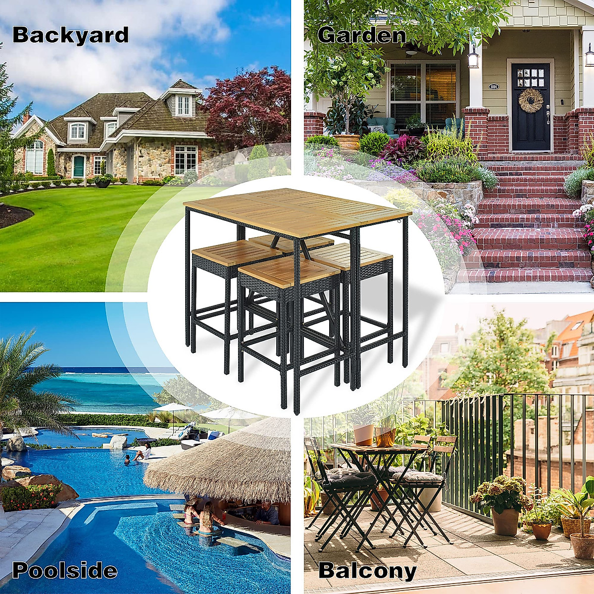EMKK 10-Piece Outdoor Patio Bar, Garden PE Rattan Wicker Dining, Square, Foldable Acacia Tabletop, High-Dinner Bistro Set with 8 Stools and 2 Tables, H-Brown