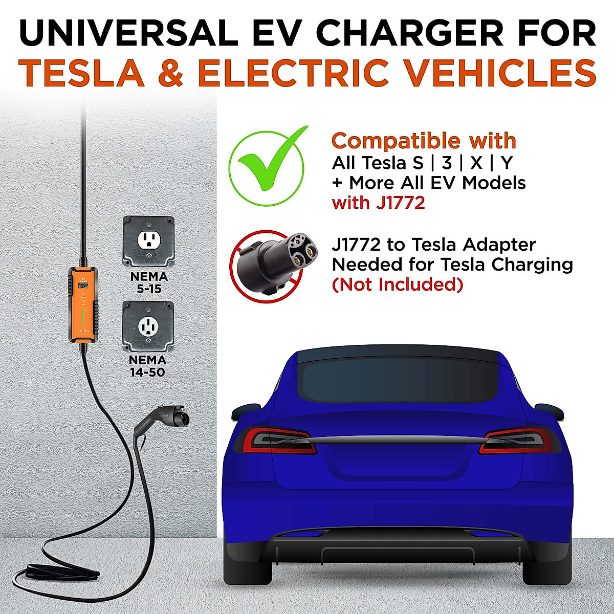 Voltre M2 Level 1 & 2 EV Charger for Tesla & EVs | 25 Ft MAX Cable | 10-32A | 110-240V Portable Electric Car Fast Charger |14-50, 5-15 Plug | Electric Vehicle Charger for J1772 Evs
