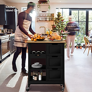 YITAHOME Kitchen Island with Storage, Kitchen Cart for Home, Rolling Serving Utility Trolley Cart on Wheel with 3 Drawers and 3 Storage Shelves, Kitchen Serving Cart for Dining Room, Bar, Black