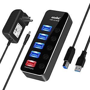 Powered USB Hub, atolla Aluminum 5-Port USB 3.0 Hub with 4 USB 3.0 Data Ports and 1 USB Smart Charging Port, USB Splitter with 5V/3A Power Adapter and Individual Switches