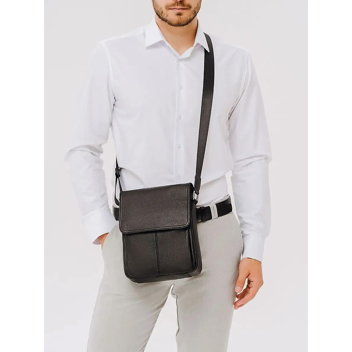 NIUCUNZH Man Purses and Bags, Mens Genuine Leather Messenger & Crossbody Bag with Leather Shoulder Strap Black