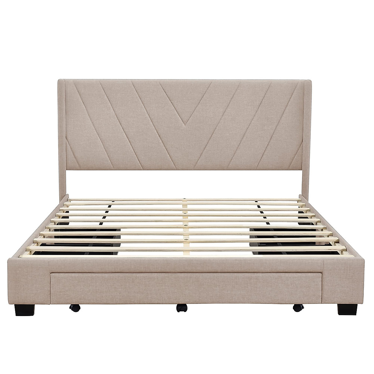 GJHOME Queen Bed Frame with Storage Upholstered Platform Bed Frame with 3 Drawers and Headboard Modern Linen Queen Size Beds with Wooden Slats Support, No Box Spring Box Needed, Beige