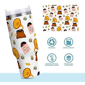 Emelivor Gramophones Records White 40 oz Tumbler with Lid and Straw Insulated Tumblers with Handle Leak Proof Coffee Tumbler Mug Large Water Bottles Fits in Car Cup Holder