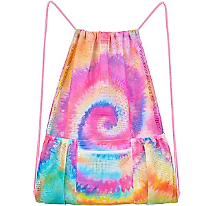 Fiodrimy Mesh Drawstring Backpack Bag Beach Bag with Zipper Pocket Gym Backpack Bag for Swimming Gear Gym Storage Bag for Adult Kids (Tie Dye)