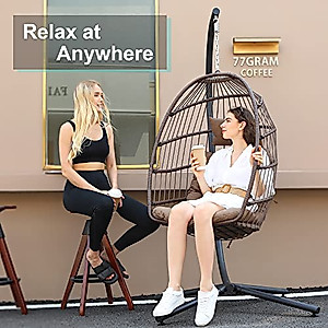LEYCAY Egg Chair with Stand, Hanging Egg Swing Hammock Chair with Stand, Indoor Outdoor Wicker Egg Chair with Cushion Headrest for Patio Bedroom Porch Garden, 350LBS Capacity(Brown)