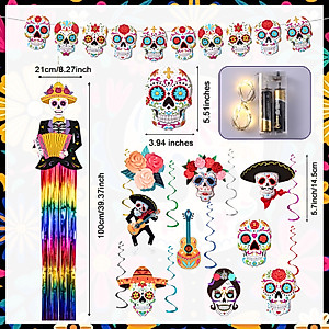 MotiMind 29 Pcs Day of The Dead Decorations Sugar Skull Hanging Swirl Decorations Sugar Skull Banner Sugar Skull Hanging Decor with LED String Lights for Dia De Los Muertos Fiesta Party Supplies