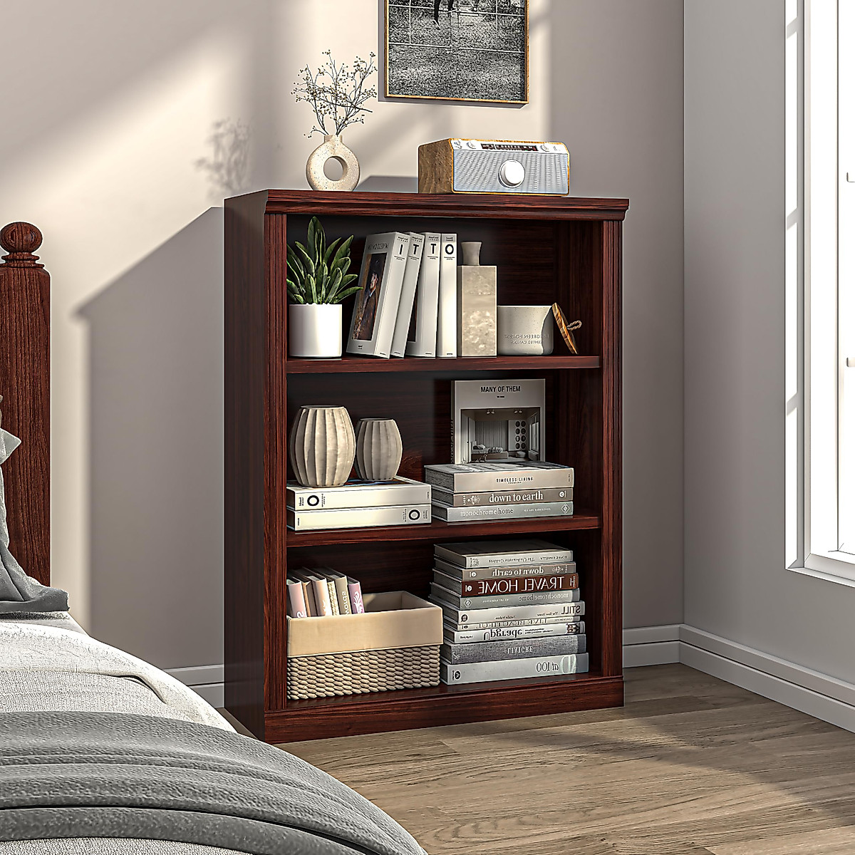 Zhiseek 3-Tier Bookshelf Basic Book Case, Wooden Storage Shelves Rustic Bookshelf, D:12.8" x W: 30.7" x H: 41.8", Sturdy Display Cabinet for Living Room, Library, Office, Bedroom (Cherry, 3-Tier)