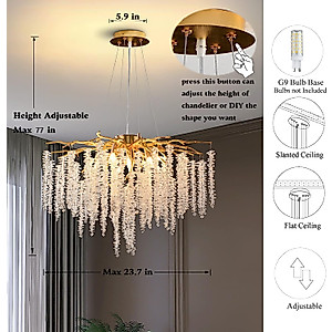 Puvaue Modern Crystal Tree Branches Chandeliers Gold Luxury Round Raindrop Pendant Light Fixture 9 Light Tassel Ceiling Hanging Light for Dining Room Bedroom Living Room Entryway 23.7"