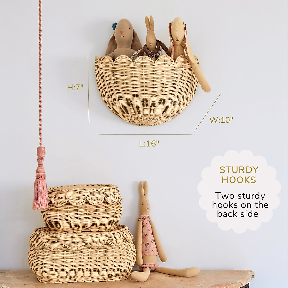 BEBE BASK Scalloped Wicker Wall Basket - Hand Woven Scalloped Basket – Scalloped Décor Wall Hanging Baskets – 16 x 10 x 7 In - Hanging Wall Basket