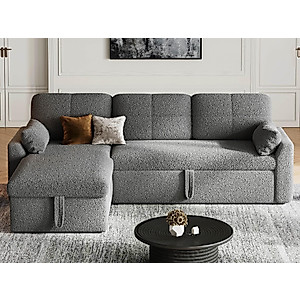 DWVO 86" Sectional Sofa Couch, 2 in 1 Sleeper Sofa Bed with Reversible Storage Chaise Pull Out Bed, L-Shape Sofa Bed for Living Room, Side Storage Pocket, Teddy Fleece, Grey