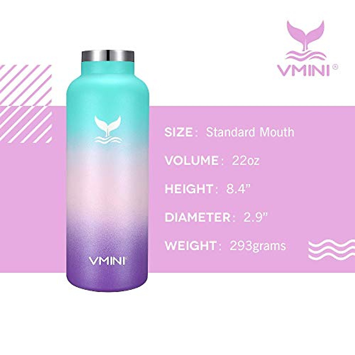 Vmini Water Bottle with Silicone Bottle Boot, 22 oz Vacuum Insulated 18/8 Stainless Steel, Anti-Slip Bottom Sleeve Cover