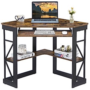 VECELO Corner Computer Desk 41 x 30 inches with Smooth Keyboard & Storage Shelves for Home Office Workstation, Antique Brown