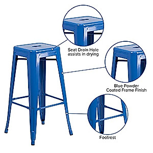 BizChair Commercial Grade 30" H Backless Blue Metal Indoor-Outdoor Barstool, Square