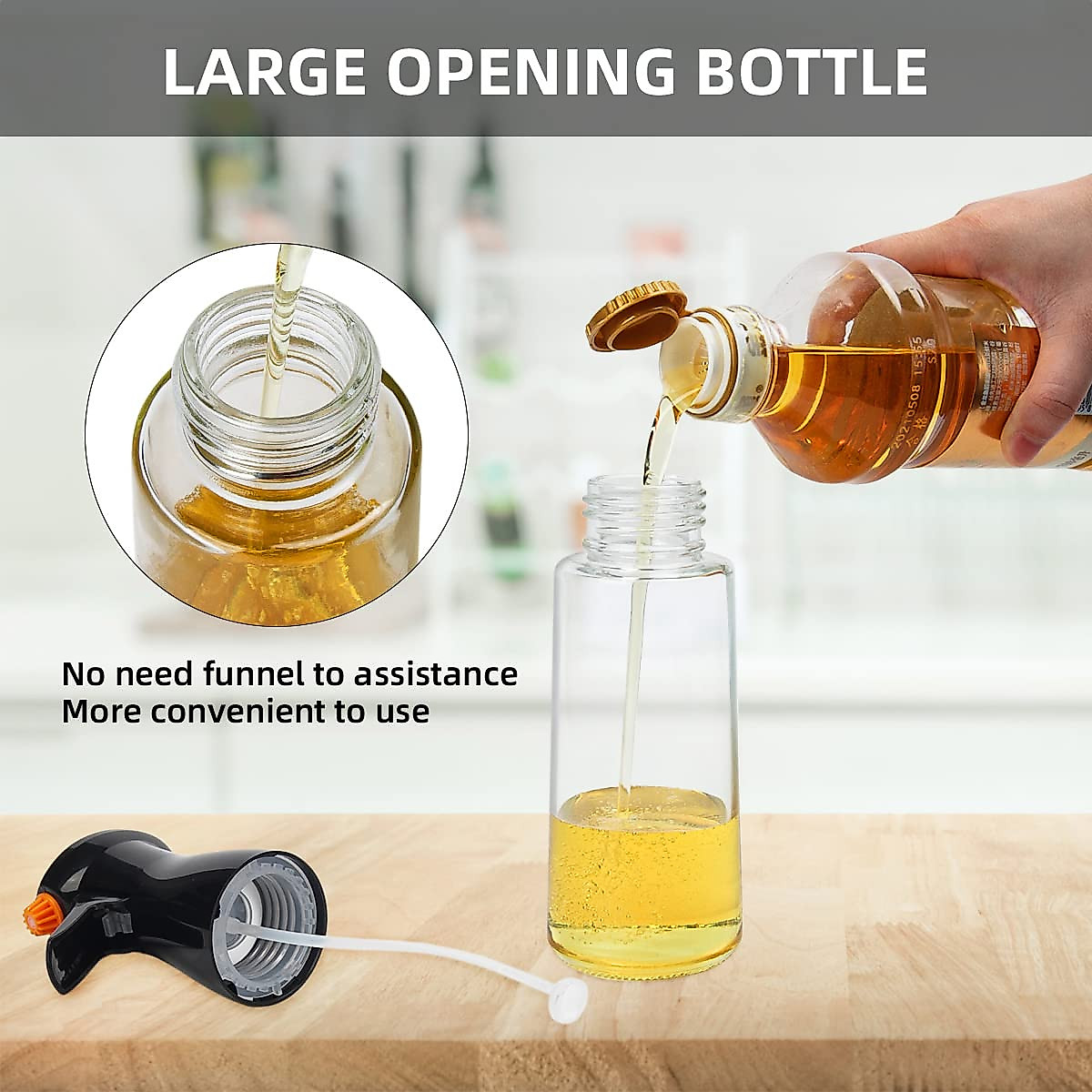 TAOUNOA 210ml Glasses Oil Sprayer - 2pcs Olive Oil Sprayer with Brush 7 OZ Oil for Cooking Mist Oil Spray Bottle for Kitchen Air Fryer, Salad, Baking, Grilling, Frying, Black