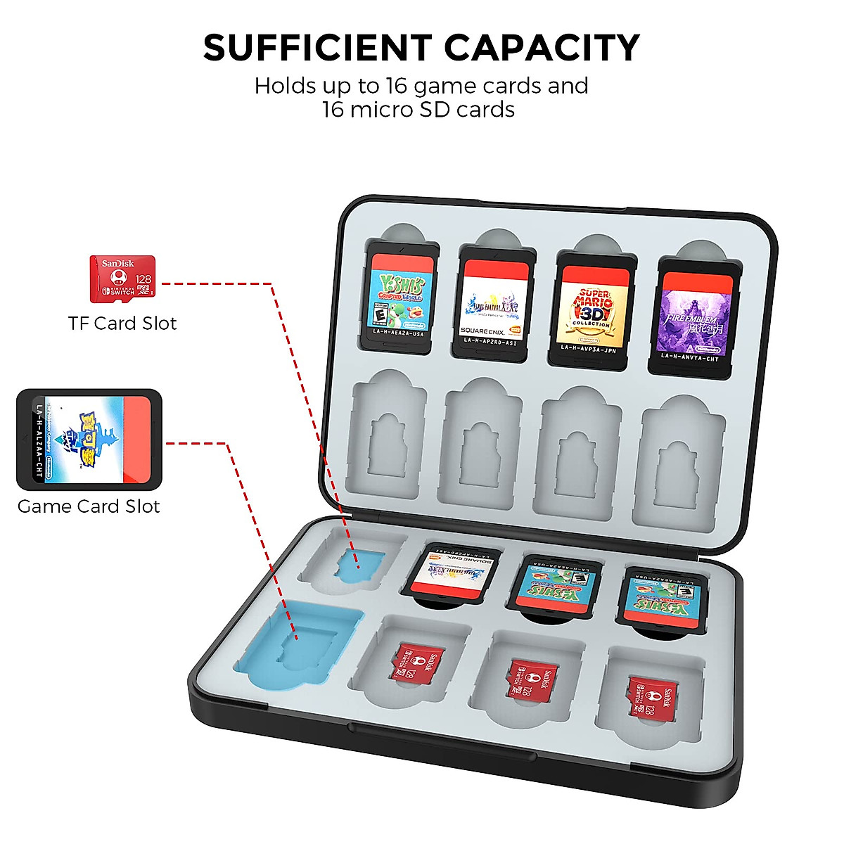 HEIYING Game Card Case for Nintendo Switch&Switch OLED,Portable Switch Lite Game Card Storage Case with 16 Game Card Slots and 16 Micro SD Card Slots. (Black)
