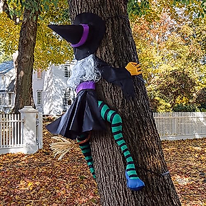 POPGIFTU Large Crashing Witch Halloween Outdoor Decorations, 63" Flying Crashed Witches, Crashing Witch into Tree Halloween Flying Witch Clearance for Yard, Patio, Porch Outdoor Tree Decoration