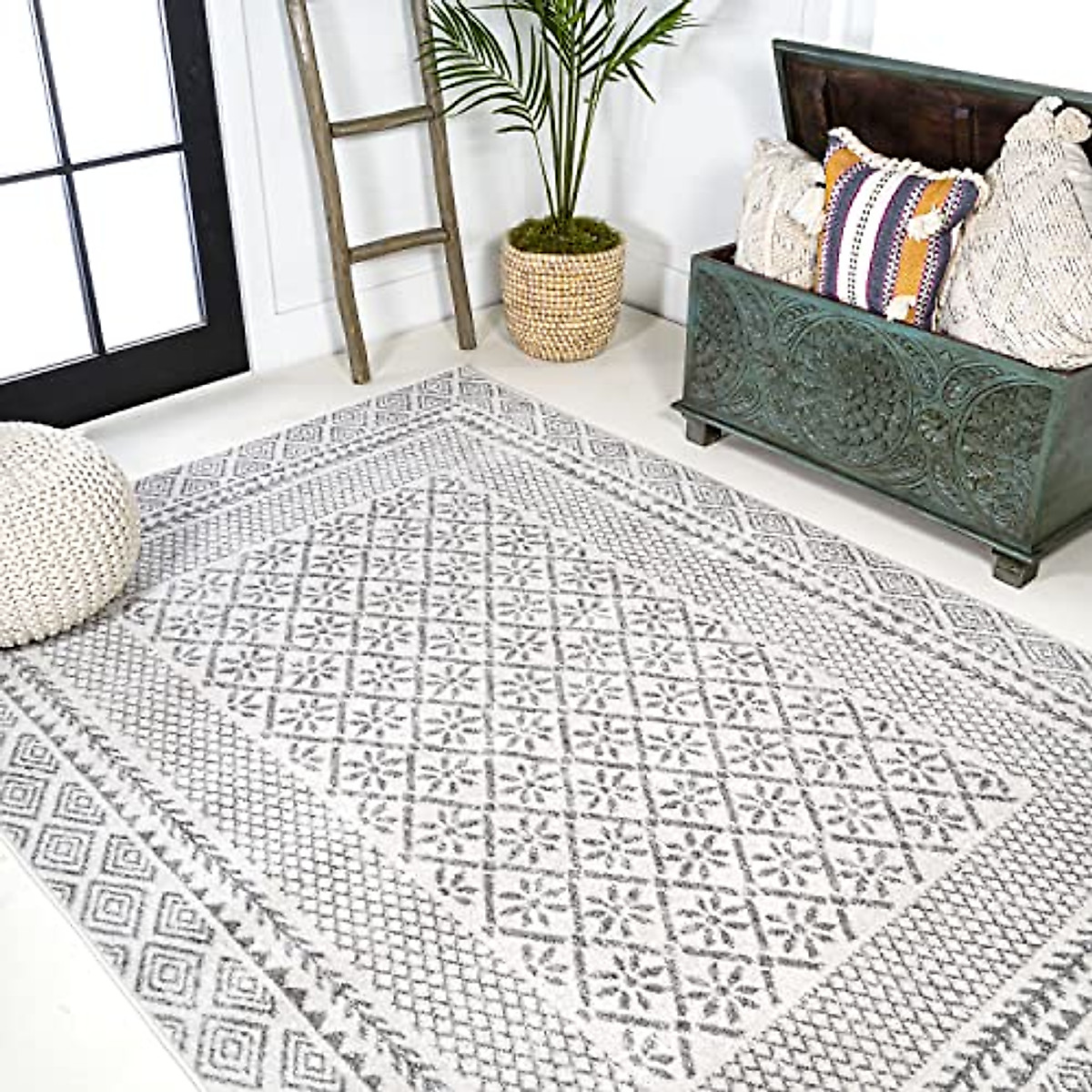JONATHAN Y MOH107A-5 Athens Modern Geometric Boho Rug Indoor Area-Rug, Moroccan, Farmhouse, Southwestern Easy-Cleaning,Bedroom,Kitchen,Living Room,Non Shedding, Gray/Cream, 5 X 8