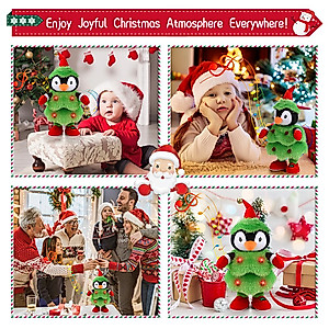 ACETOP LED Musical Christmas Tree Penguin Stuffed Animal Repeats What You Say Light up Soft Plush Toy Singing Dancing Talking Record Mimicking Twisting Interactive Animated Dolls Decoration Xmas Gifts