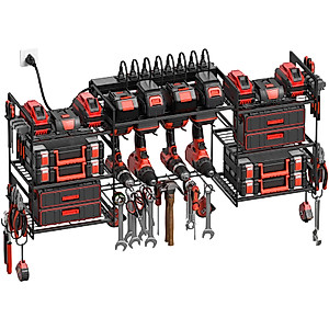 CCCEI Black Power Tools Organizers Wall Mount, Large Tools and Battery Storage Rack Charging Station. 8 Drill Holder, All Metal, Garage Utility Shelves with 6FT Power Strip. Gift for Men.