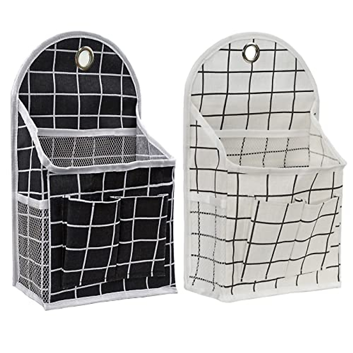 AUHOKY 2Pcs Wall Hanging Storage Bag, Waterproof Over The Door Closet Organizer with 3 Pockets, Stylish Hanging Pocket Linen Cotton Pouch Box Containers for Bedroom Bathroom Desktop(Black/White)