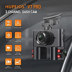 HUPEJOS V7PRO 3 Channel Dash Cam with 5GHz WiFi GPS, 4K Car Camera，128GB Card,4K Front+1080P Left or Right, 1440P+1080P+1080P Dash Camera for Cars, IR Night Vision,24 Hours Radar Detection