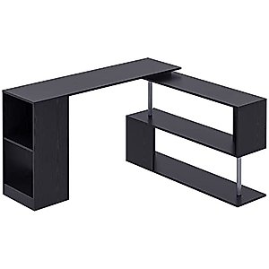 HOMCOM 55" 360° Rotating Corner Computer Desk Modern L-Shaped Home Office Workstation with 3-Tier Storage Shelves, Bookshelf, Black