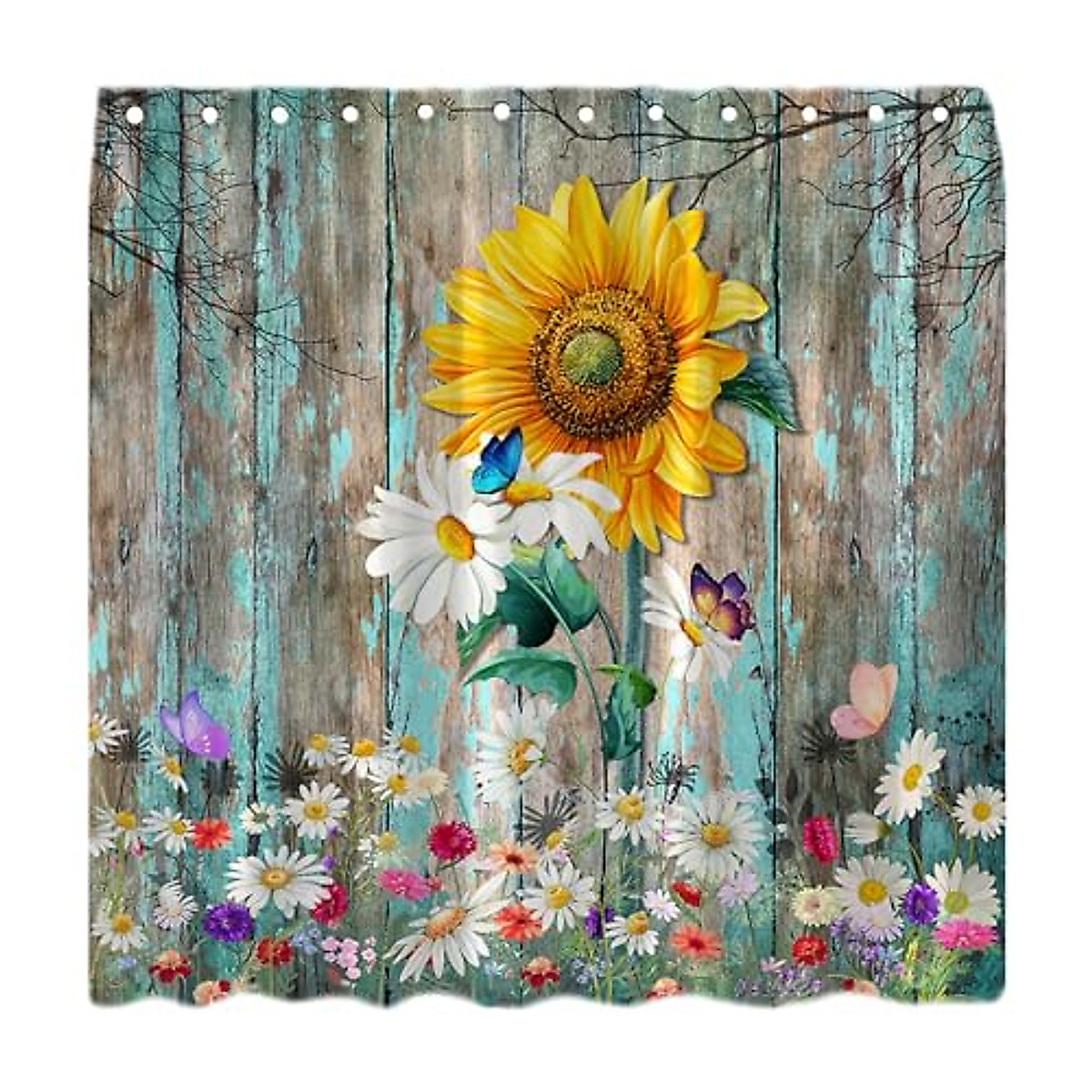 JOFKAXU Rustic Sunflower Shower Curtain Vintage Barn Door Floral Plant Flower Butterfly Farmhouse Retro Teal Wooden Board Country Bath Curtain with Hook