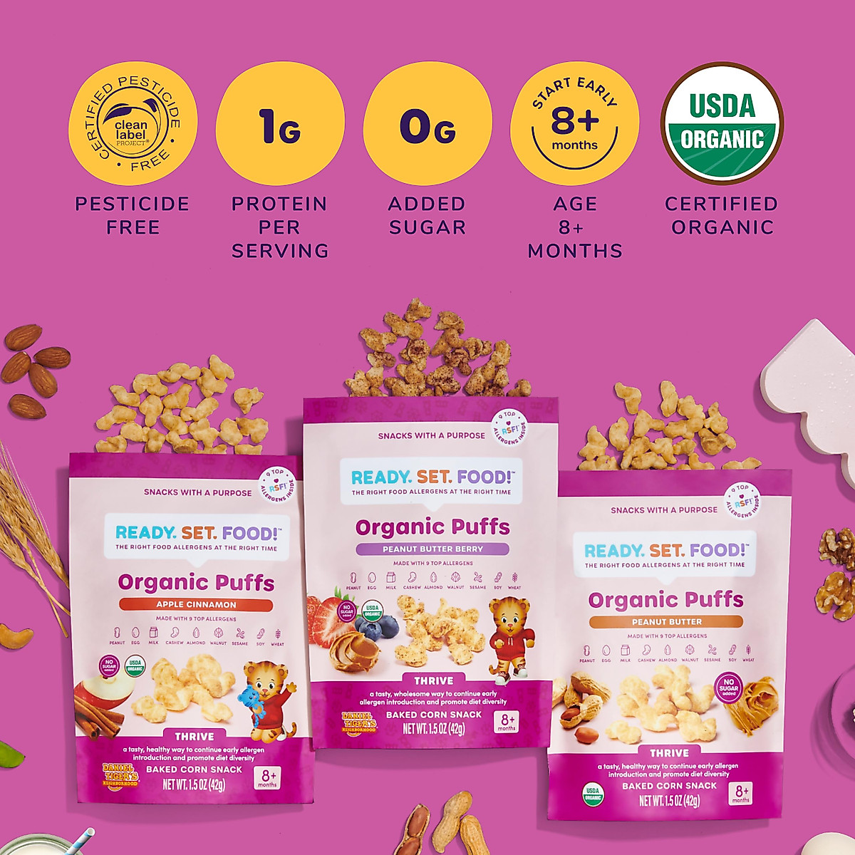 Ready Set Food Organic Puffs – Early Allergen Introduction Snack Puffs w/ 9 Top Allergens: Organic Peanuts, Cashew, Egg & More, No Added Sugar, Babies 8+ Months (Daniel Tiger Apple Cinnamon, 2 Pack)