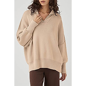 PRETTYGARDEN Women's 2023 Fall Pullover Oversized Sweaters Casual Long Sleeve Zip Up Collared Winter Tops Blouse (Apricot,Small)