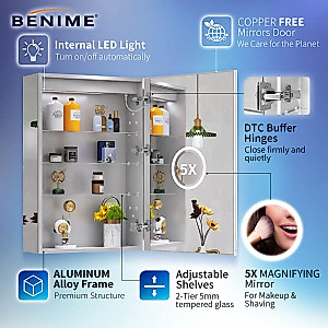 BENIME 30×32 Inch Bathroom Medicine Cabinets with LED Mirror CRI90+, Defogger, Stepless Dimmer, 3 Colors Light, Clock, Room Temperature, 5X Magnifying Makeup Mirror, Outlet & USBs, Recessed or Surface