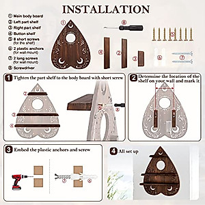 Luna Moth Crystal Shelf Display, Boho Pine Wood Wall Floating Shelves with Light for Gem Stone Essential Oil Storage, Bohemian Wooden Butterfly Hanging Witch Home Rustic Decor Holder for Bedroom Altar