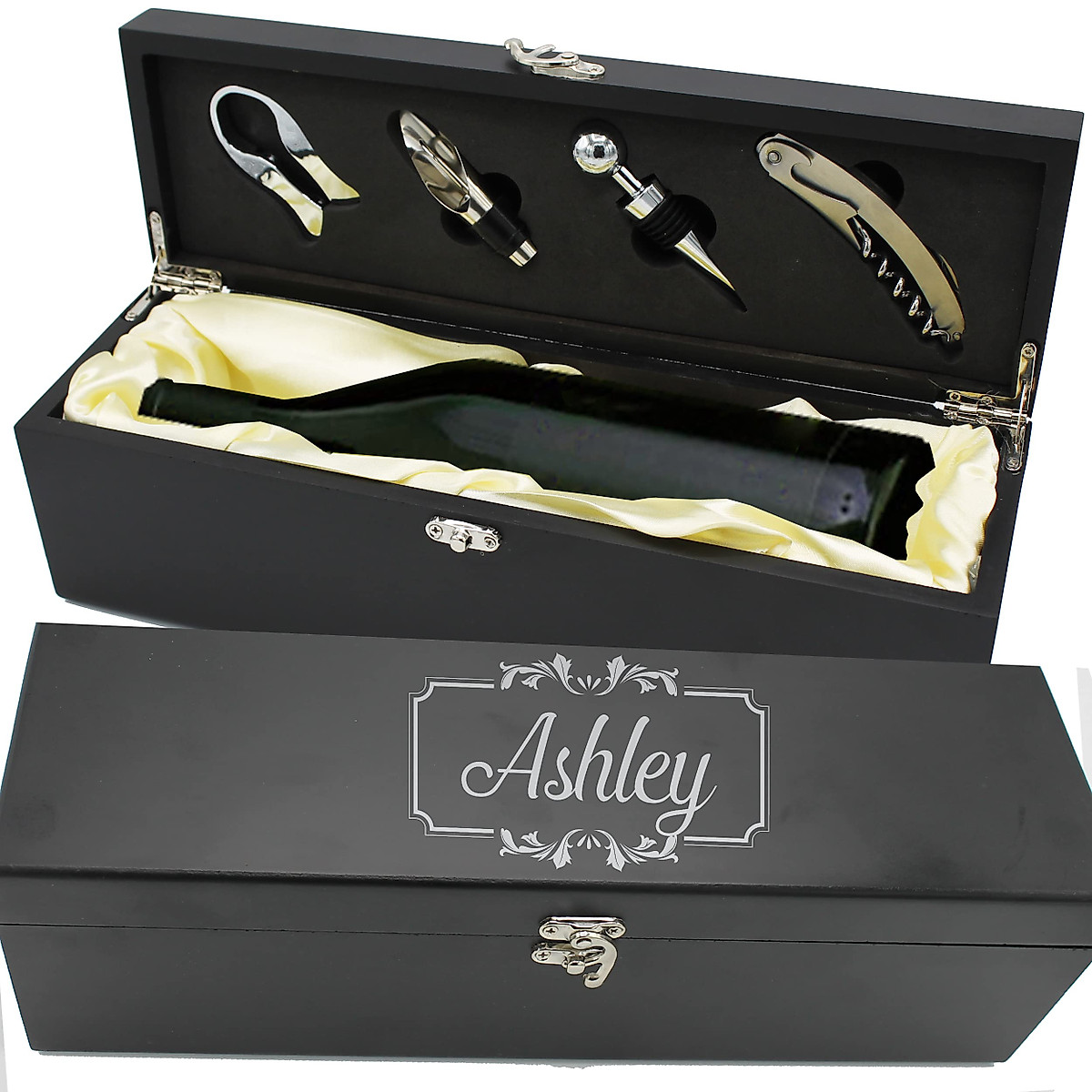 Personalized Wood Wine Box - Anniversary Ceremony Couples Wedding Wine Box Holder - Custom Engraved (Black Matte)