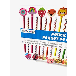Creatology 48 Piece Pencil Party Pack! Includes 12 Colored Pencils, 12 No 2 Pencils, And 24 Fun Shaped Erasers! Perfect Back To School Item! Makes A Great Gift For An Artist!
