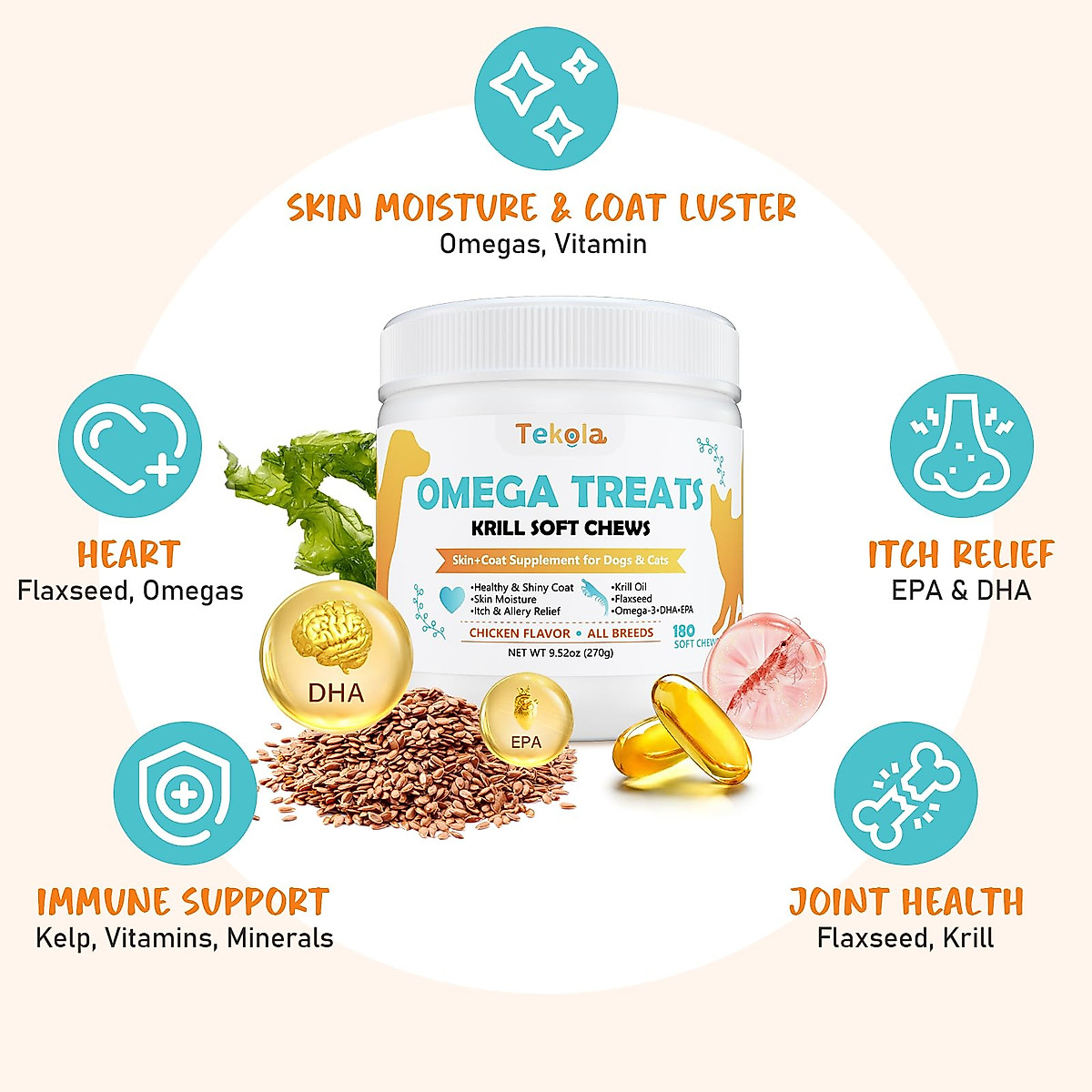 180 Chews Omega 3 for Dogs & Cats - with Krill - Skin and Coat Supplement - Dry & Itchy Skin Relief - Allergy Relief - Shiny Coats - No Shedding - EPA & DHA, Vitamins and Minerals - Chicken Flavor