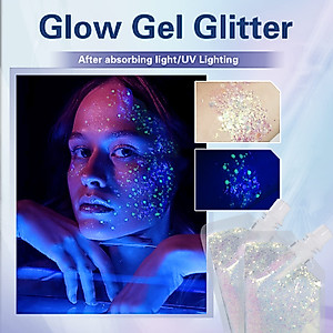 HOSAILY Glow in The Dark Face Body Glitter Gel, UV Body Glitter Glow in The Dark, Sparkling Neon Body Glitter for Women, Luminous Sequins Chunky Glitter Makeup Festival Party Rave Accessories (White)