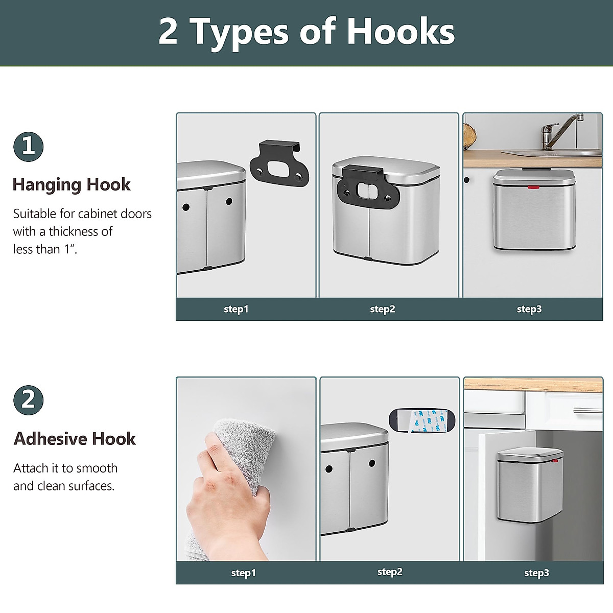 Nunsino Hanging Kitchen Compost Bin 4 Liter / 1.05 Gallon includes 30 Compostable Bags, Trash Can with Removable Inner Bucket, Stainless Steel, Airtight Lid, Silver