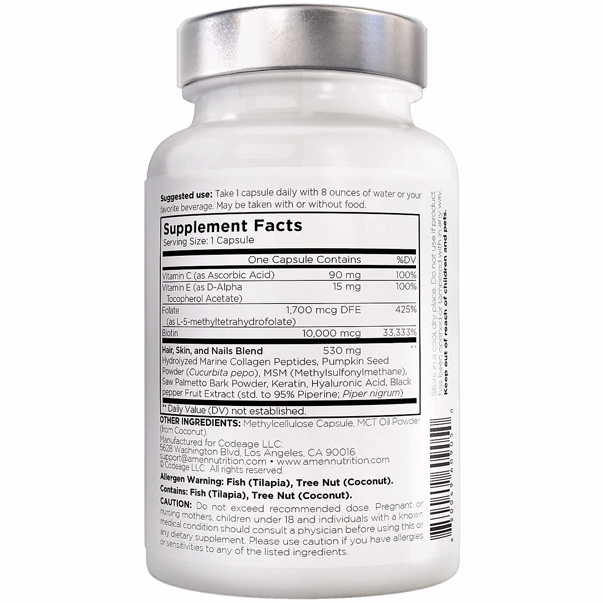 Amen Biotin Collagen Vitamins+ 10,000 mcg Biotin Supplement - Hydrolyzed Collagen, Vitamins C & E, Folate, Hyaluronic Acid, Keratin, MSM, Saw Palmetto - 3-Month Supply - Non-GMO - 90 Capsules