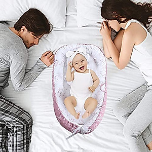 Vohunt Baby Lounger for Newborn,100% Cotton Co-Sleeper for Baby in Bed with Handles,Soft Newborn Lounger Adjustable Size & Strong Zipper Lengthen Space to 3 Tears Old(Elephant Pink)