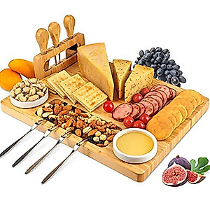 ROYAMY Bamboo Cheese Board Set with 3 Stainless Steel Knife, Meat Charcuterie Platter Serving Tray, Perfect Choice for Wedding Birthdays Christmas Anniversary Housewarming Kitchen Personalized Gift