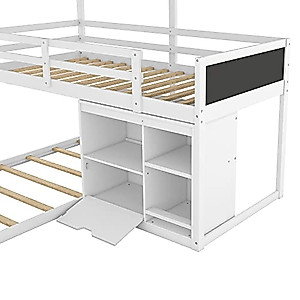 WOXYX L-Shaped Wood Triple Twin Size Bunk Bed with Storage Cabinet and Blackboard, Ladder,White