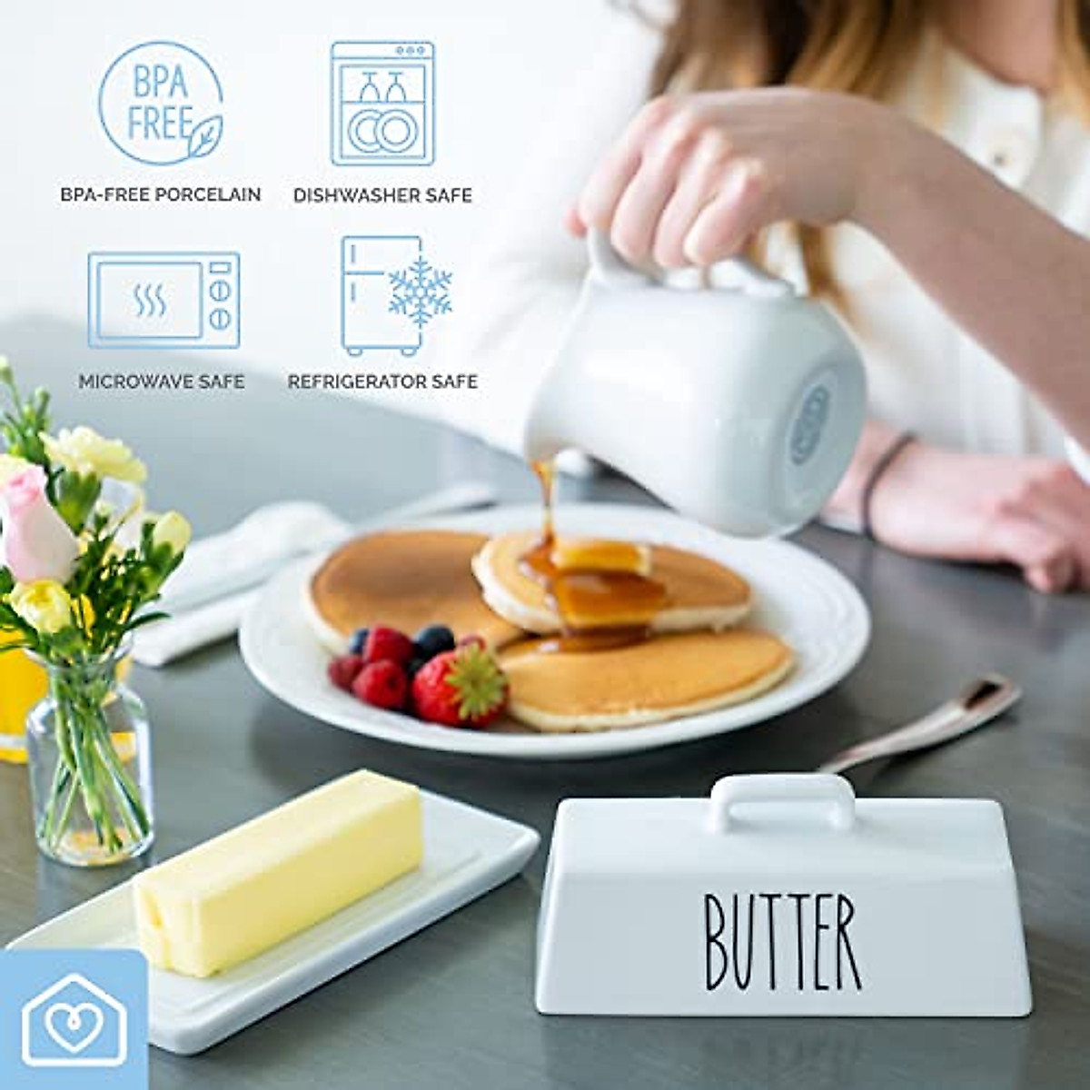 Heartland Home Porcelain Covered Butter Dish with Lid for Countertop (Lid with Handle). 7.6" x 3.8" Butter Holder Container for One Stick of Butter. Textured Tray Butter Keeper for Non Slip Storage