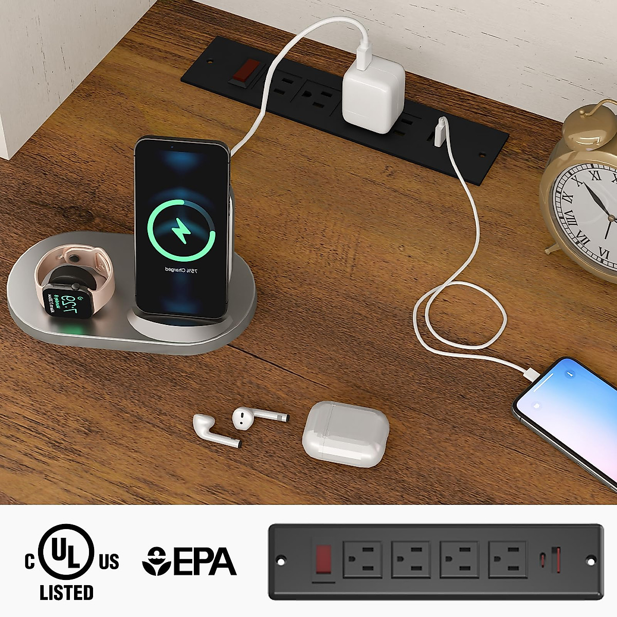 Farmhouse 67" H Executive Desk with Hutch,Office Desk with 5 Drawers, Computer Desk with Storage Cabinet & File Drawers and Charging Station, Wood Workstation for Home Office and Study