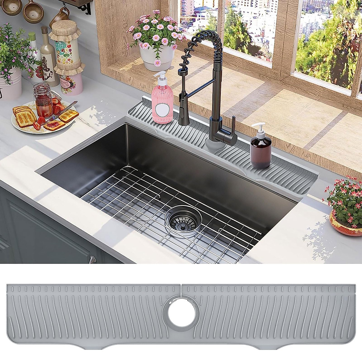 32 Inch Sink Splash Guard, Kitchen Sink Drying Mat, Countertop Faucet Drip Catcher Tray, Sponge Holder (Gray)