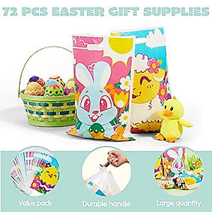 JOYIN 72 Pcs Easter Large Plastic Tote Bags, Easter Goodie Treat Gift Bags for Egg Hunt, Easter Kids Party Favor Party Supplies(Animals and Flowers)